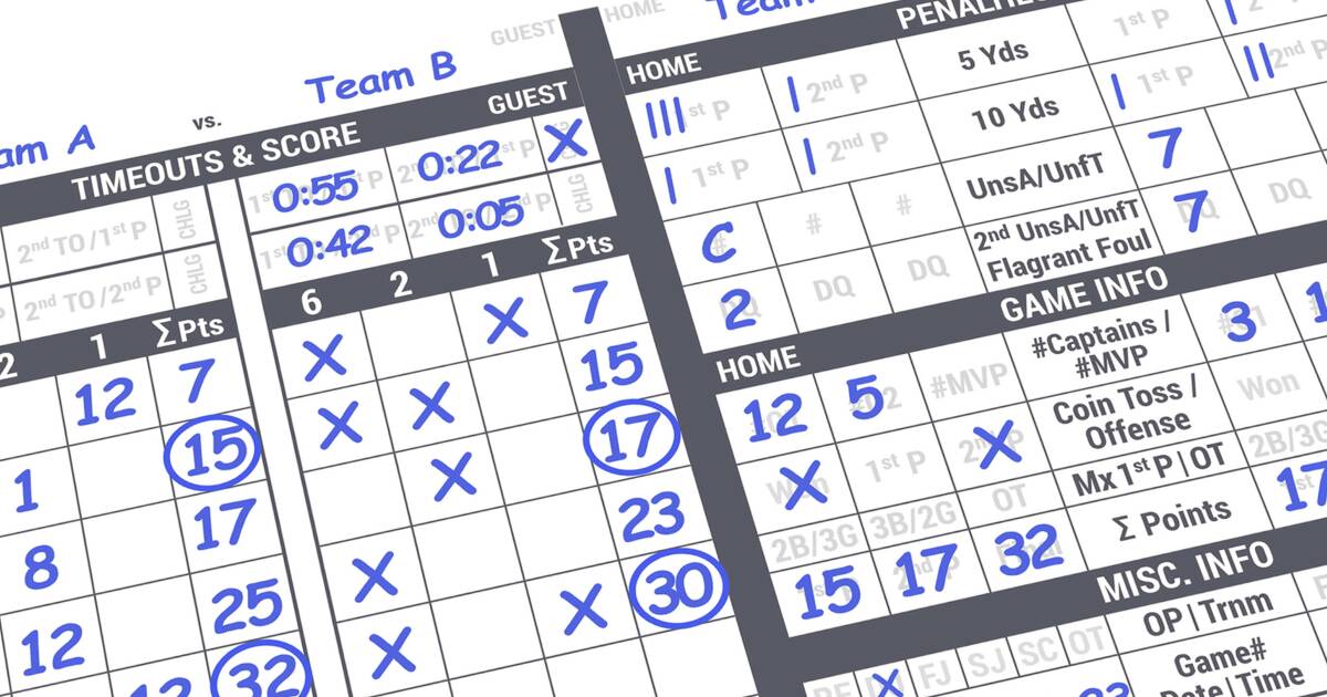 Flag Football Game Card - Score Sheet & Game Info - FlagFootball.Rocks!