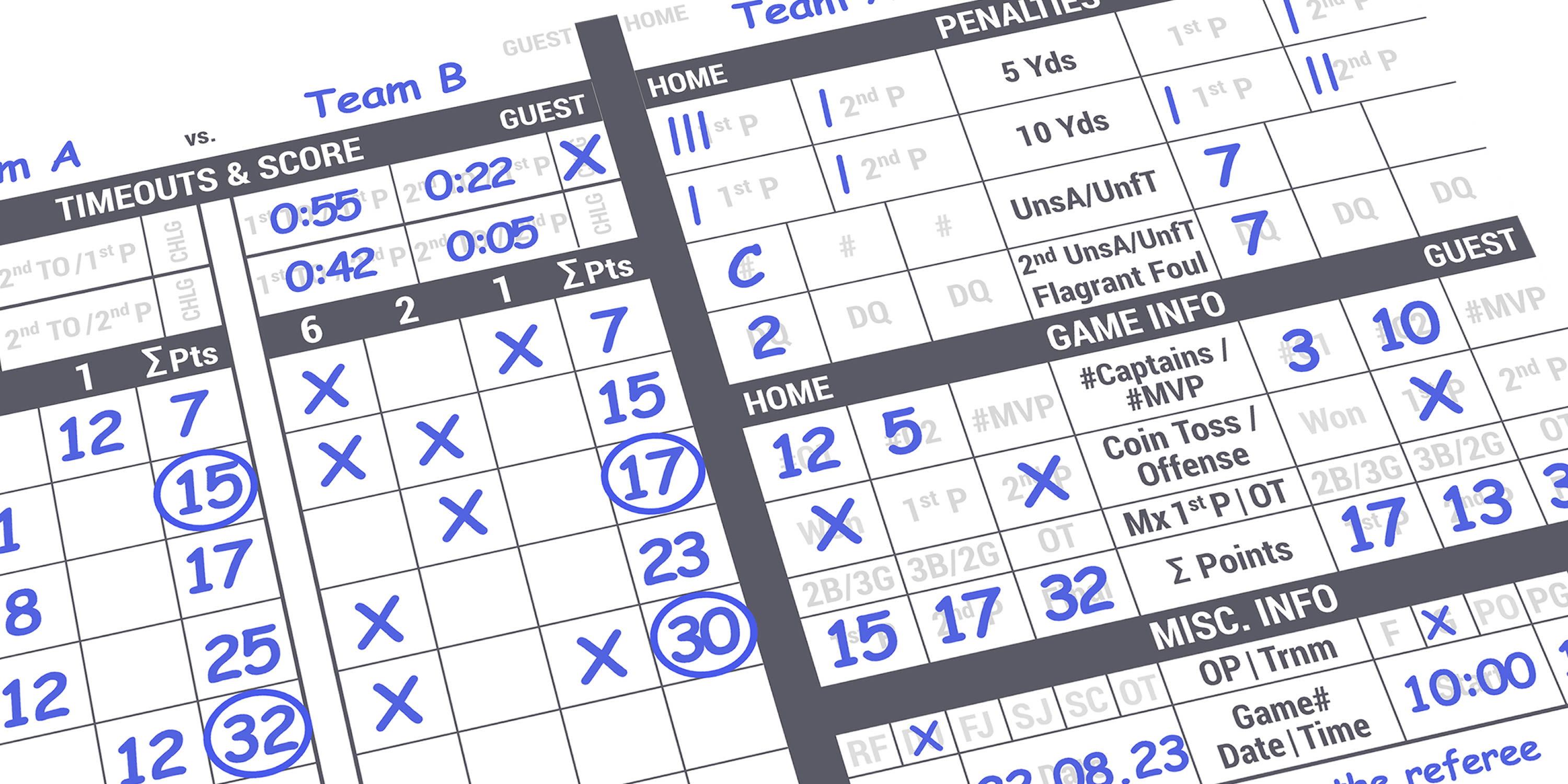 Flag Football Game Card - Score Sheet & Game Info - FlagFootball.Rocks!